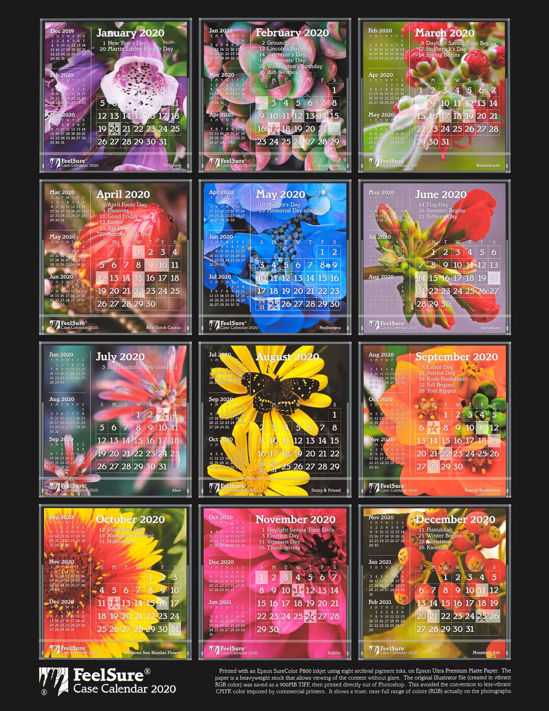 2020 Wall Calendar Poster - Flower and Plant Photography With Holidays ...