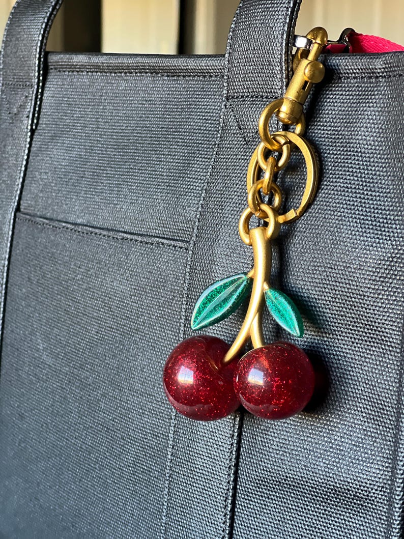 Cherry Bag Charm Keychain With Brushed Gold or Silver Accent - Quiet ...