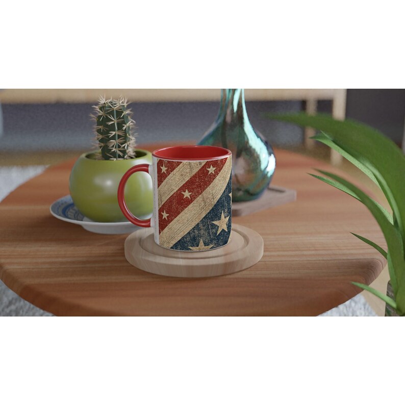 Distressed American Flag Mug – Patriotic USA Coffee Cup – Vintage Stars ...