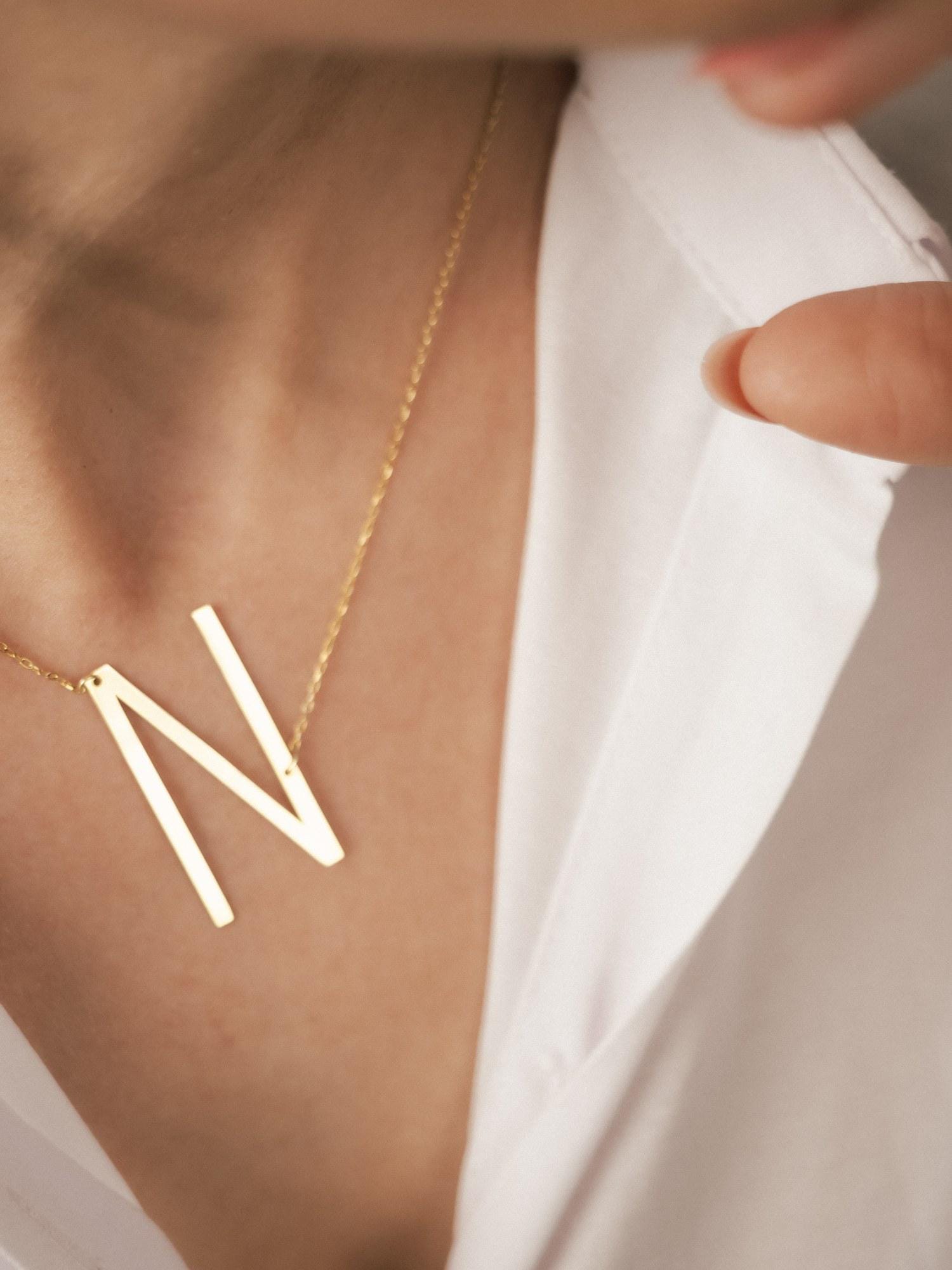 Personalized 14K Gold Big Letter Necklace, Custom Letter Pendant ...