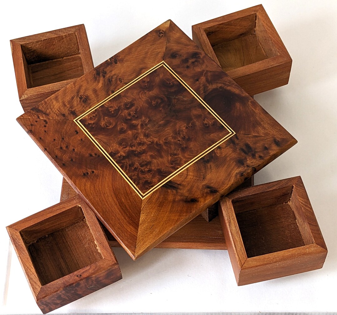 Vintage Secret Switch Jewellery Trinket Box Inlayed Thuya Burl Wood 4 ...
