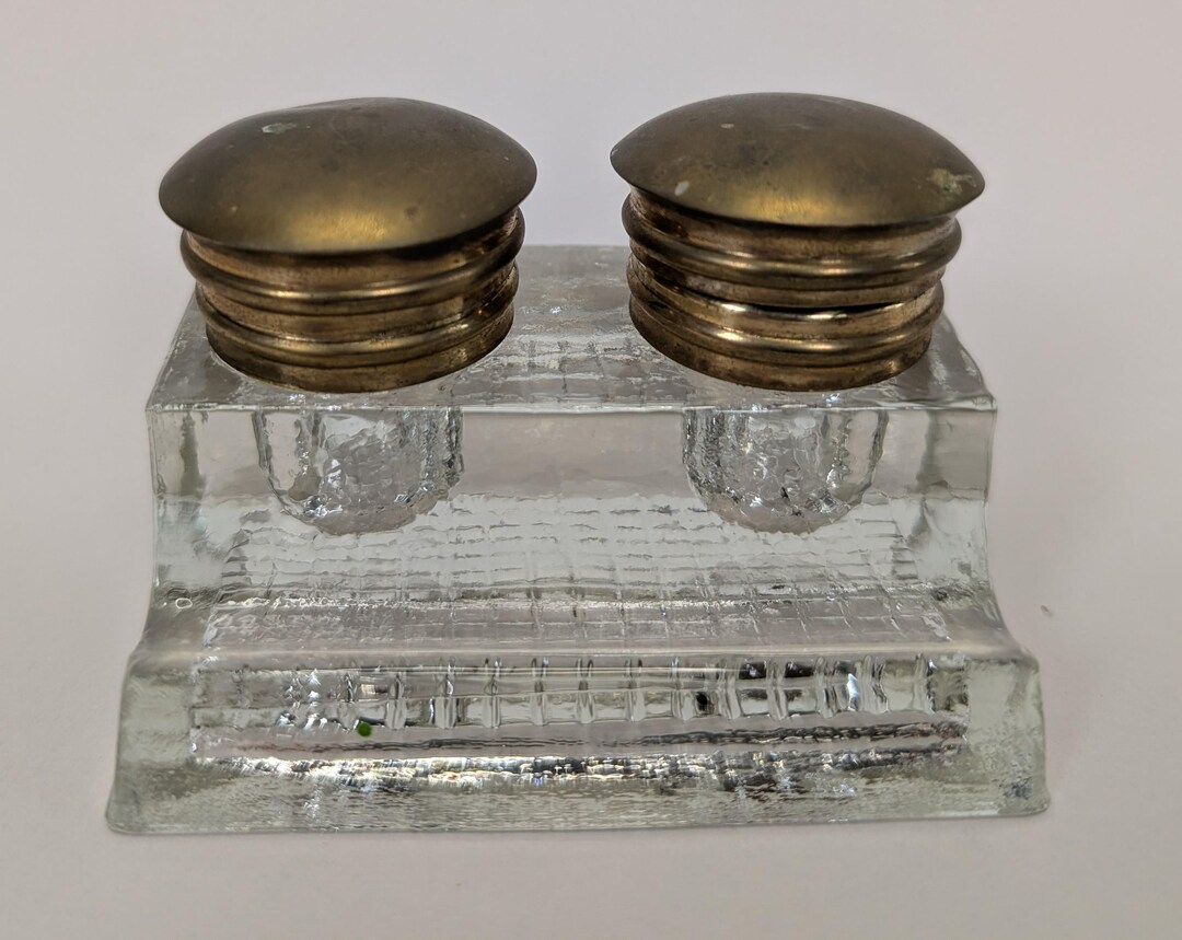 1930s Art Deco Double Inkwell: British Pressed Glass, Brass Lids - Etsy UK
