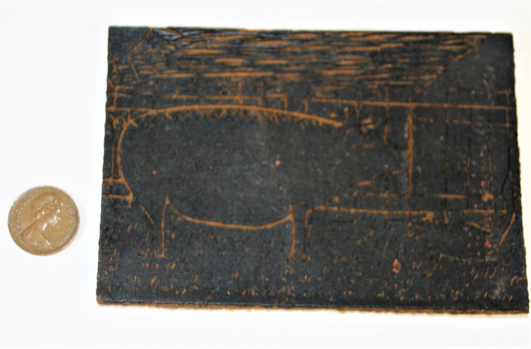 Antique Linocut Linoleum Printing Block Pig and Cat Letterpress ...