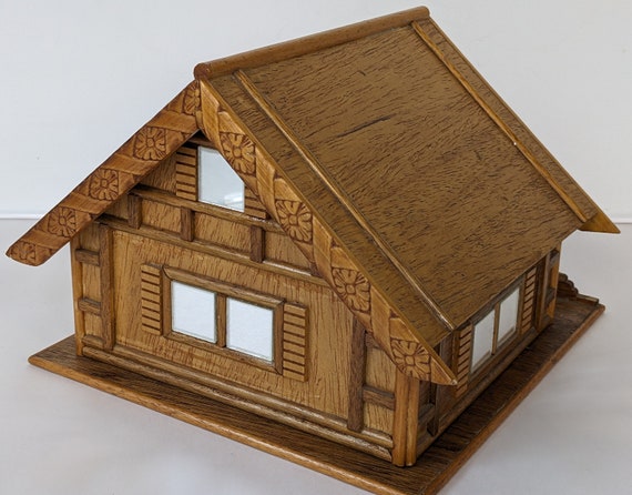 Vintage Bavarian Log Cabin Wooden Cigar Box Hand Made… - Gem