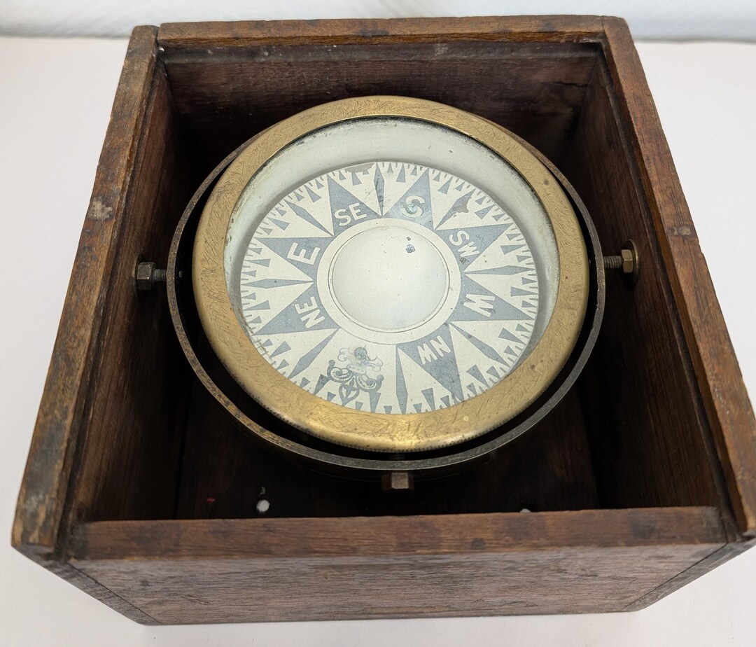 Antique Edwardian Boxed Gimballed Brass Compass for Ship Boat Yacht ...