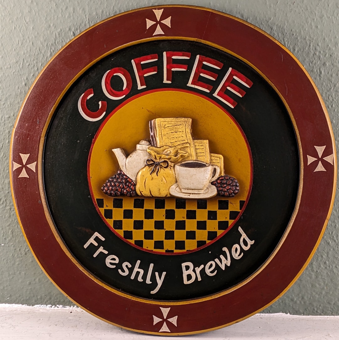 Vintage Relief Wooden Advertising Sign Coffee Freshly Brewed Bar ...