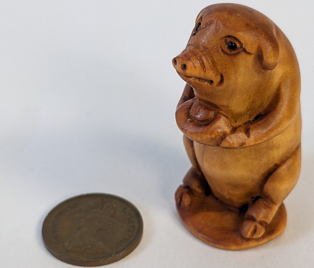 Vintage Signed Wood Netsuke Pig Piglet Piggy Hand Carved Boxwood ...