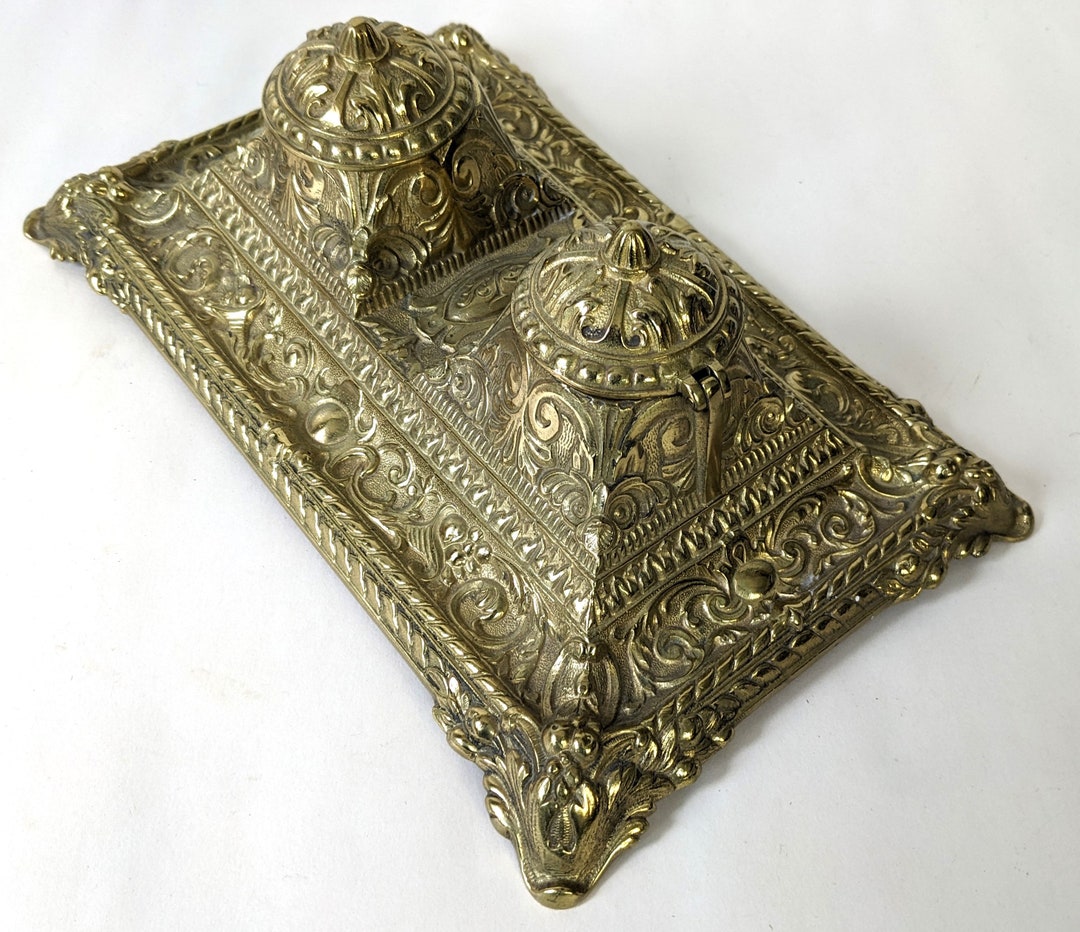 Antique 1910 French Depose Ormolu 2 Inkwell Desk Stand Pen Rest Gilded ...