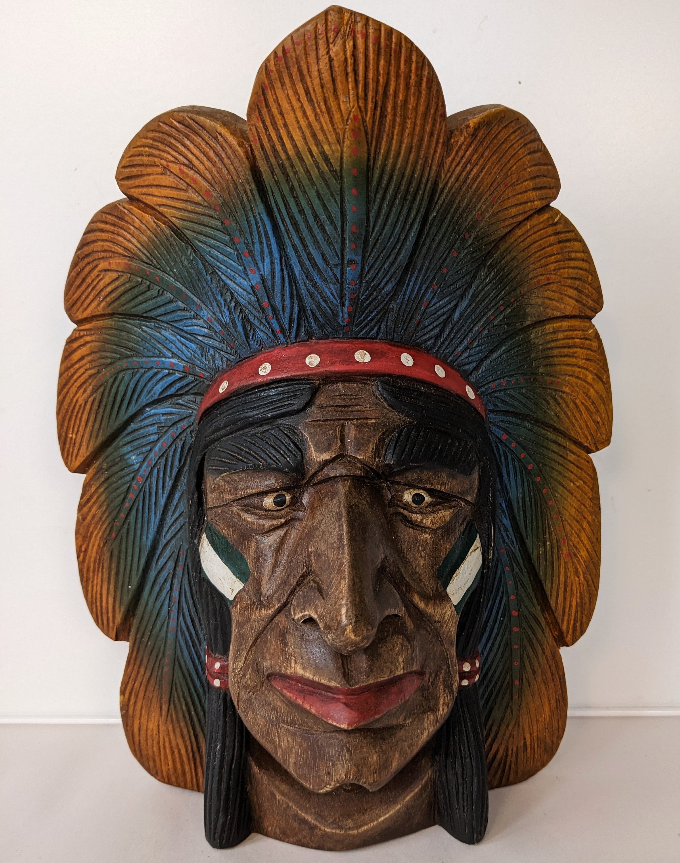 Vintage Hand Carved Wood North American Indian Head Chief Bust ...