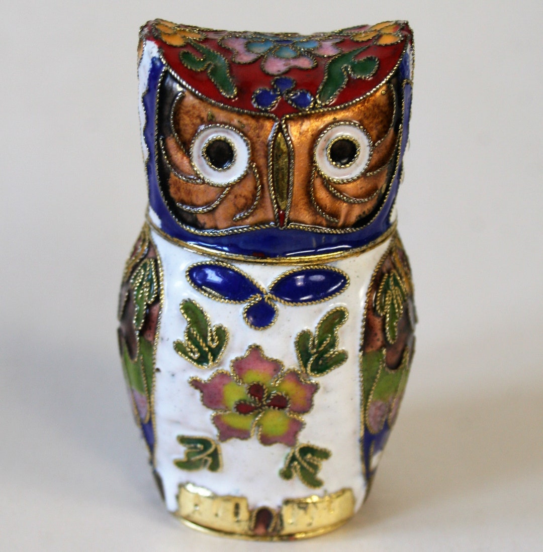 Vintage Owl Oriental Miniature Cloisonne Snuff Box Jar 2 Sided Face and ...