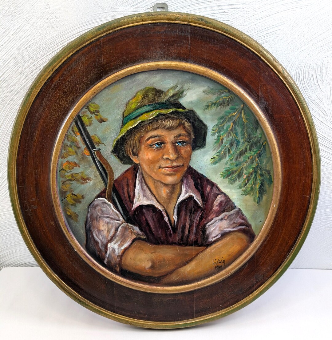 Vintage Bavarian Hunter Portrait Painting Oil on Solid Wood Panel ...