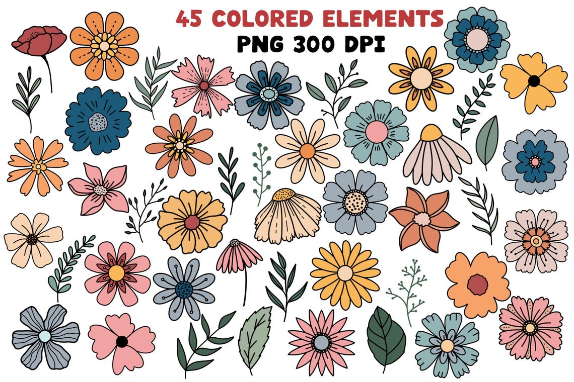 Retro Clipart Bundle PNG: Groovy Checkered, Flower Characters (digital ...