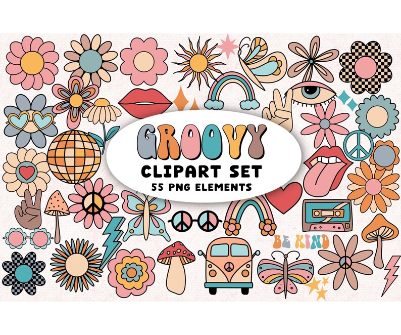 Retro Groovy Clipart: 70s Daisy Flowers, Boho Elements (PNG Digital ...