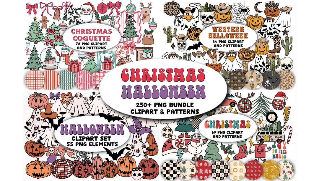 Christmas Halloween Clipart Bundle and Seamless Patterns PNG. Coquette ...