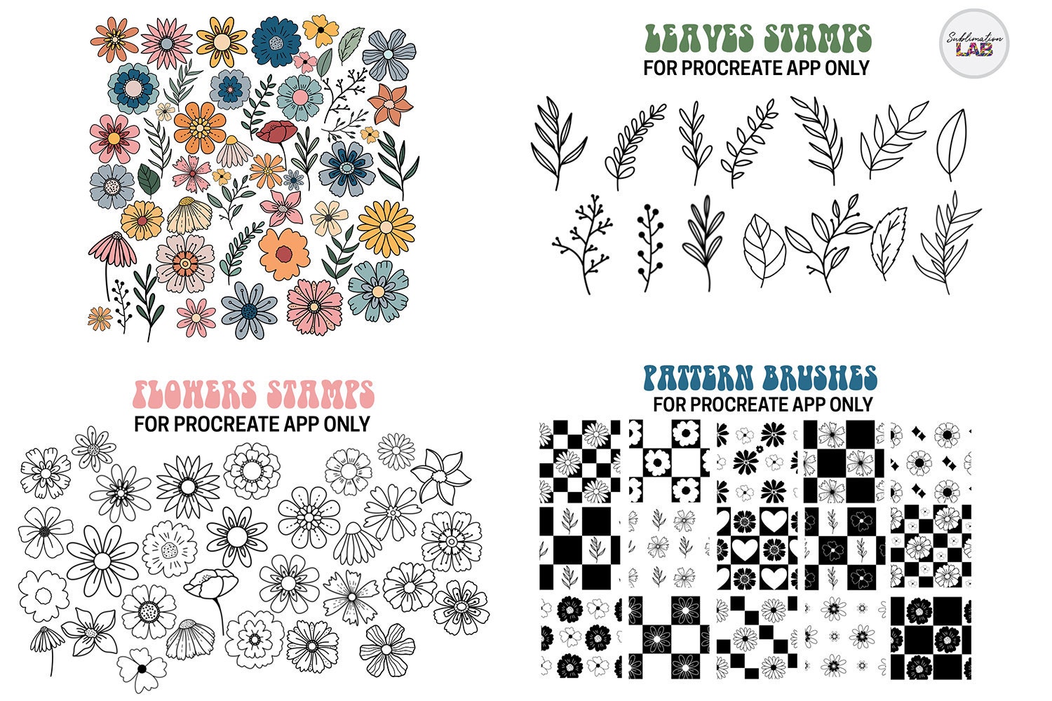 Retro Procreate Stamps Bundle | Brushes Patterns Groovy Checkered ...