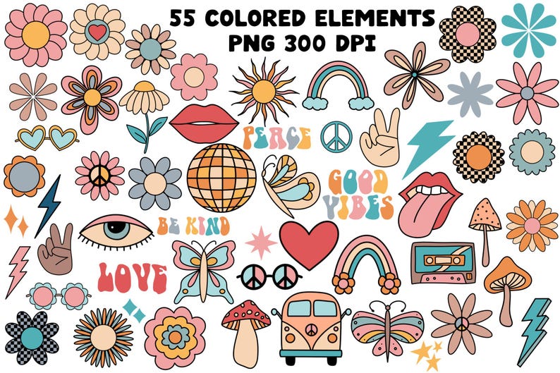 Retro Groovy Clipart: 70s Daisy Flowers, Boho Elements (PNG Digital ...