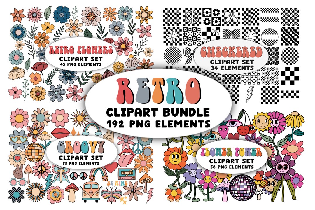 Retro Clipart Bundle PNG: Groovy Checkered, Flower Characters (digital ...