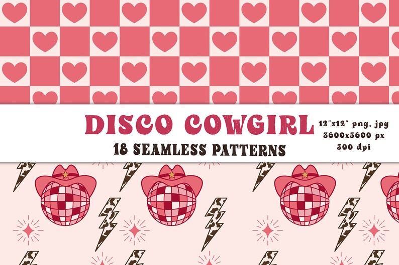 Disco Cowgirl Seamless Patterns: Bachelorette Party Digital Paper (PNG ...