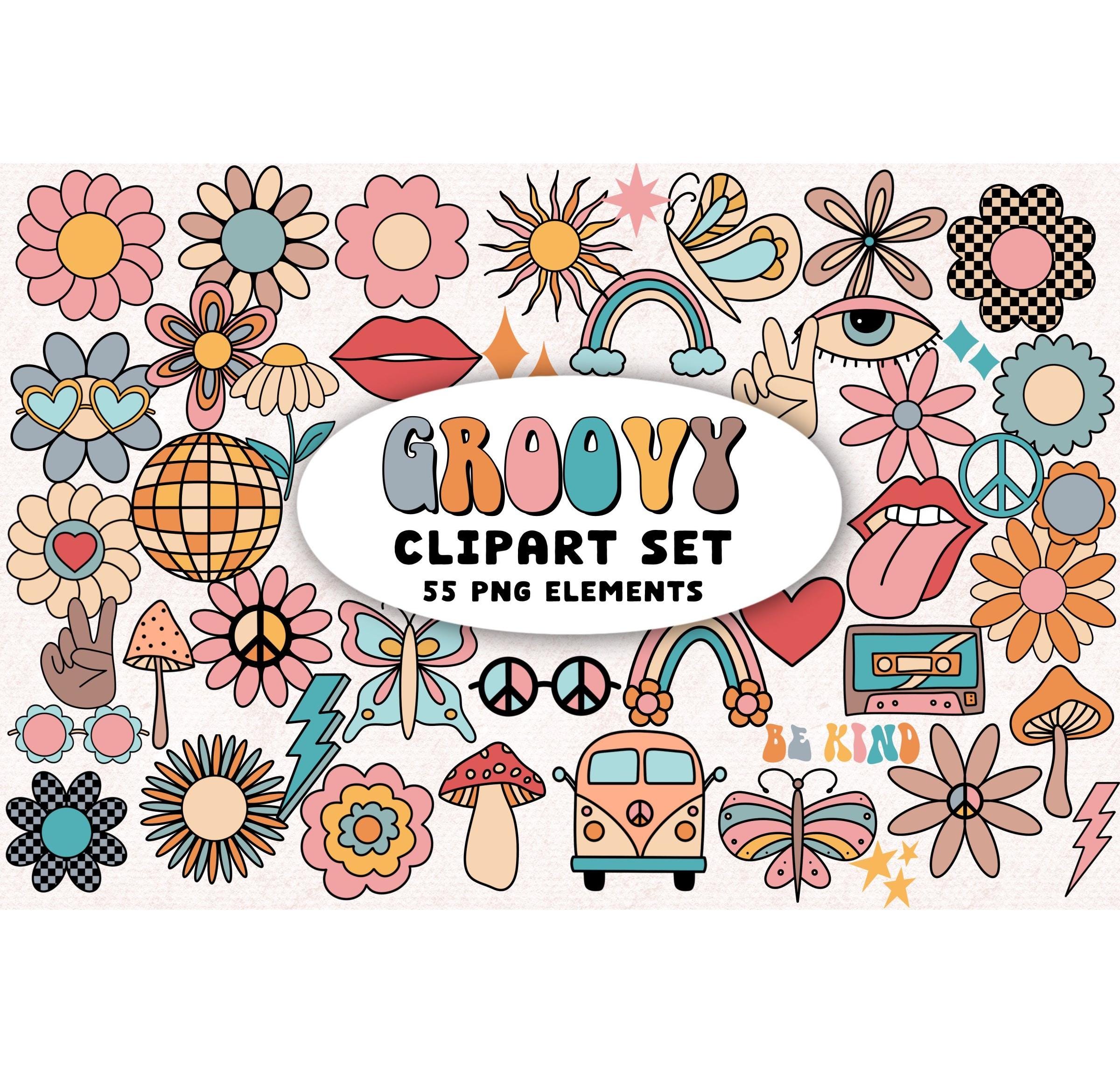 Retro Groovy Clipart: 70s Daisy Flowers, Boho Elements (PNG Digital ...