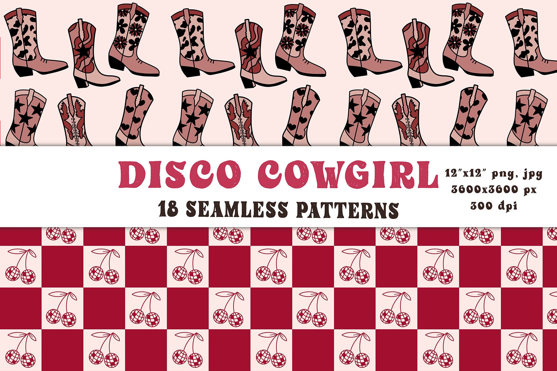 Disco Cowgirl Seamless Patterns: Bachelorette Party Digital Paper (PNG ...