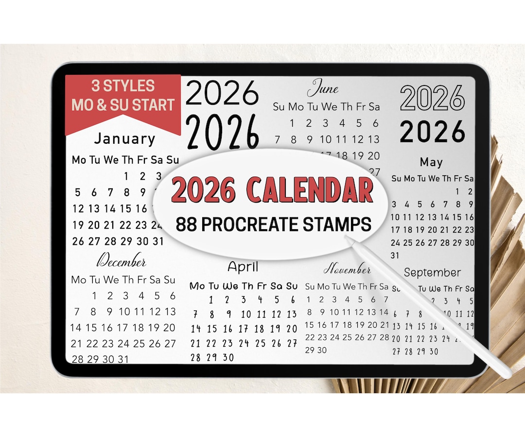 Procreate Stamps Calendar 2026 Brushes Sunday Monday Start 3 Styles ...
