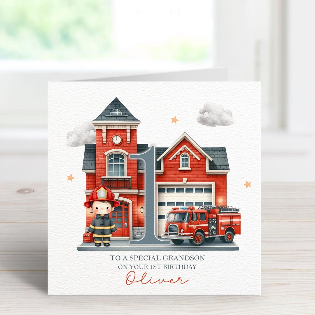 Firefighter 1st Birthday Card - Fire Engine Card for Grandson, Son or ...