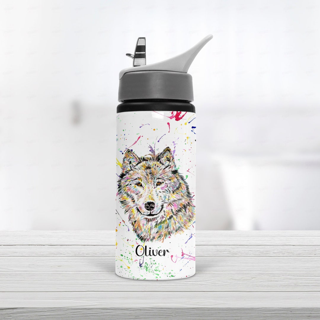 Wolf Water Bottle | Personalised Water Bottle | Water Bottle With Straw ...