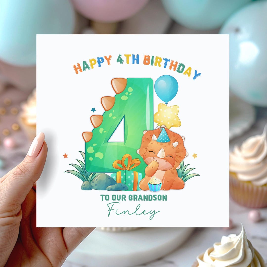 Boys Dinosaur 4th Birthday Card - Personalised Fourth Birthday Card for ...