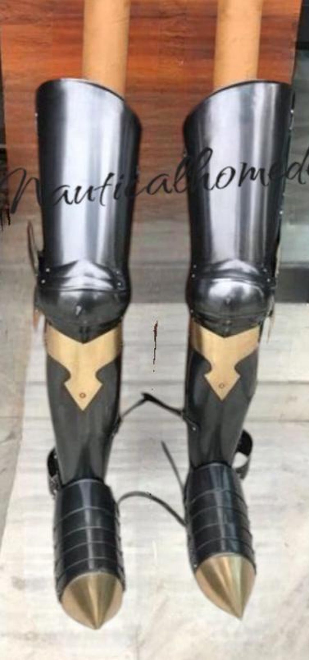 Medieval Knight Black Full Leg Guard Greaves With Shoes - Roman Cuirass Armor Handmade Costume ...
