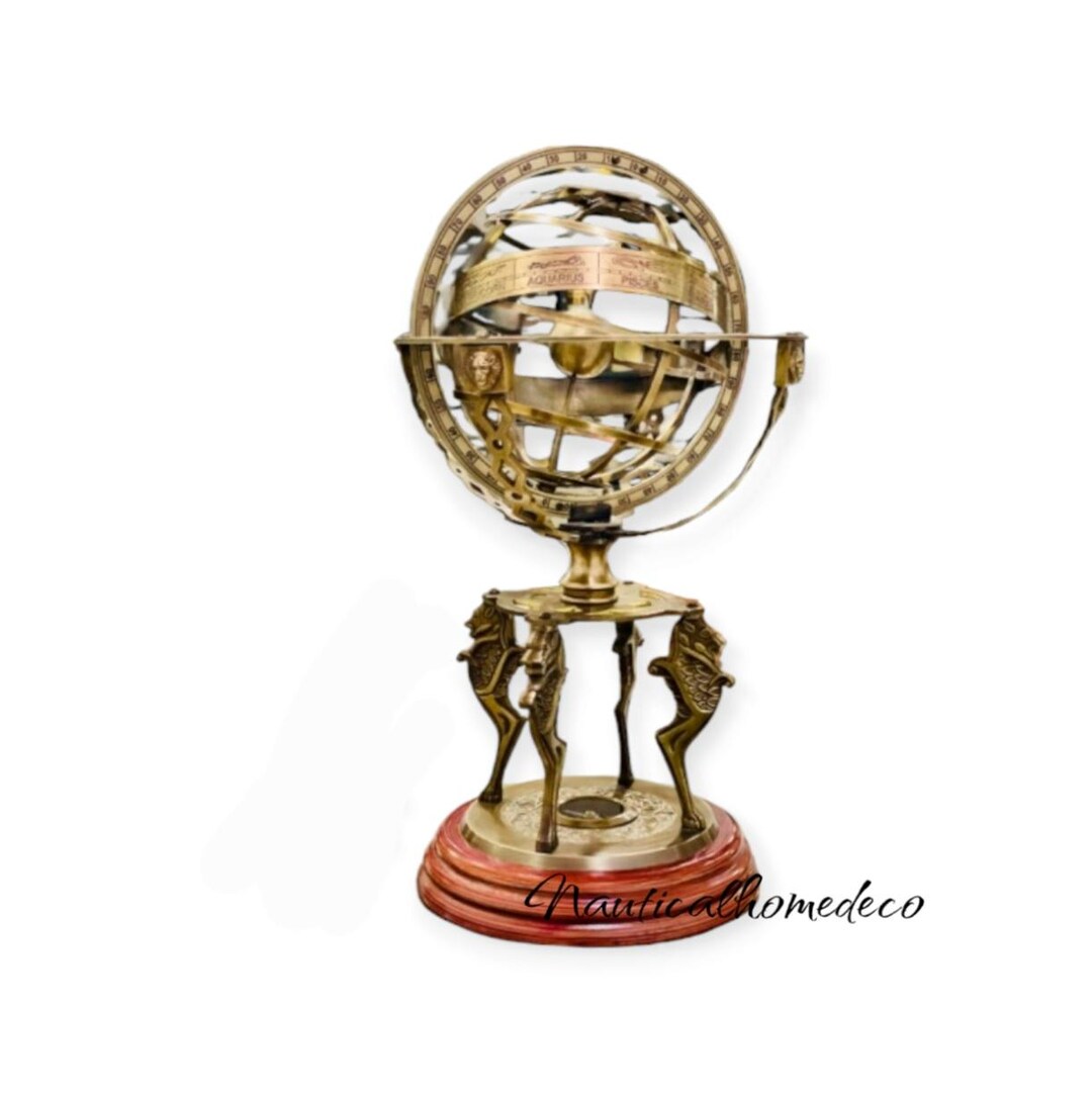 Vintage Brass Engraved Armillary Sphere Globe With Compass on Wooden ...