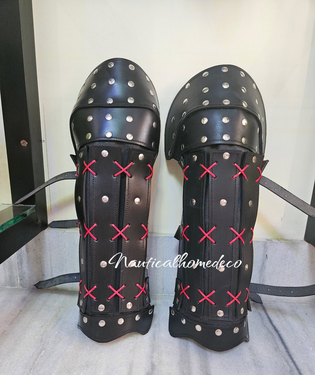 Medieval Knight Roman Black Leather Leg Guard Pair Halloween Costume ...