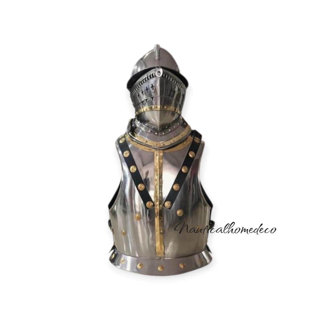 Medieval Jousting Helmet & Chestplate - Brass Tipped Burgonet Knight ...