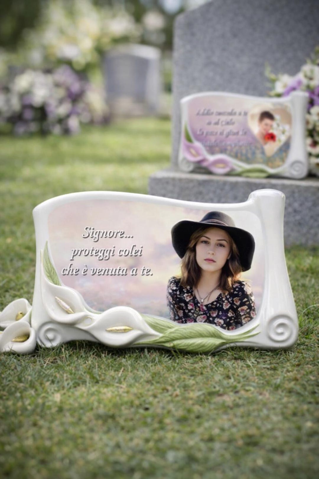 Calla Lily Memorial Plaque With Photo Outdoor Headstone Scroll Ceramic ...