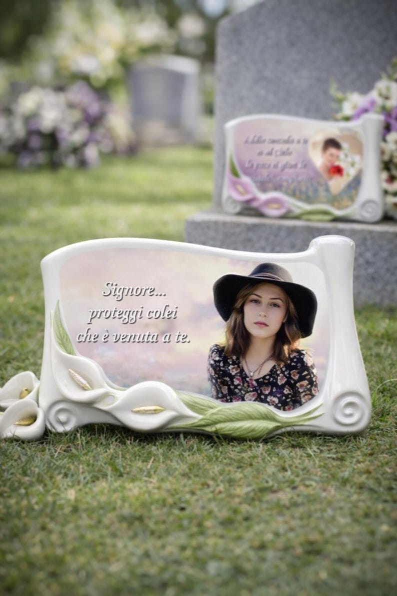 Calla Lily Memorial Plaque With Photo Outdoor Headstone Scroll Ceramic ...