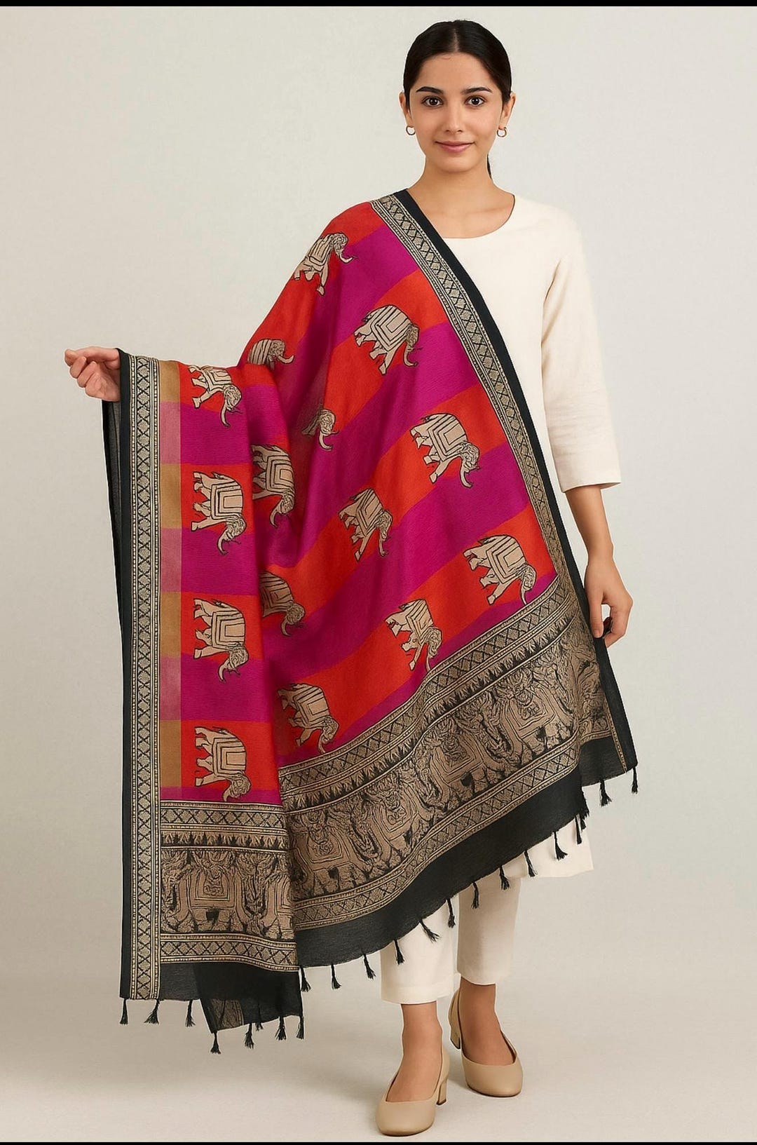 Elephant Motif Navratri Dupatta: Red Magenta Silk Blend Garba Shawl ...