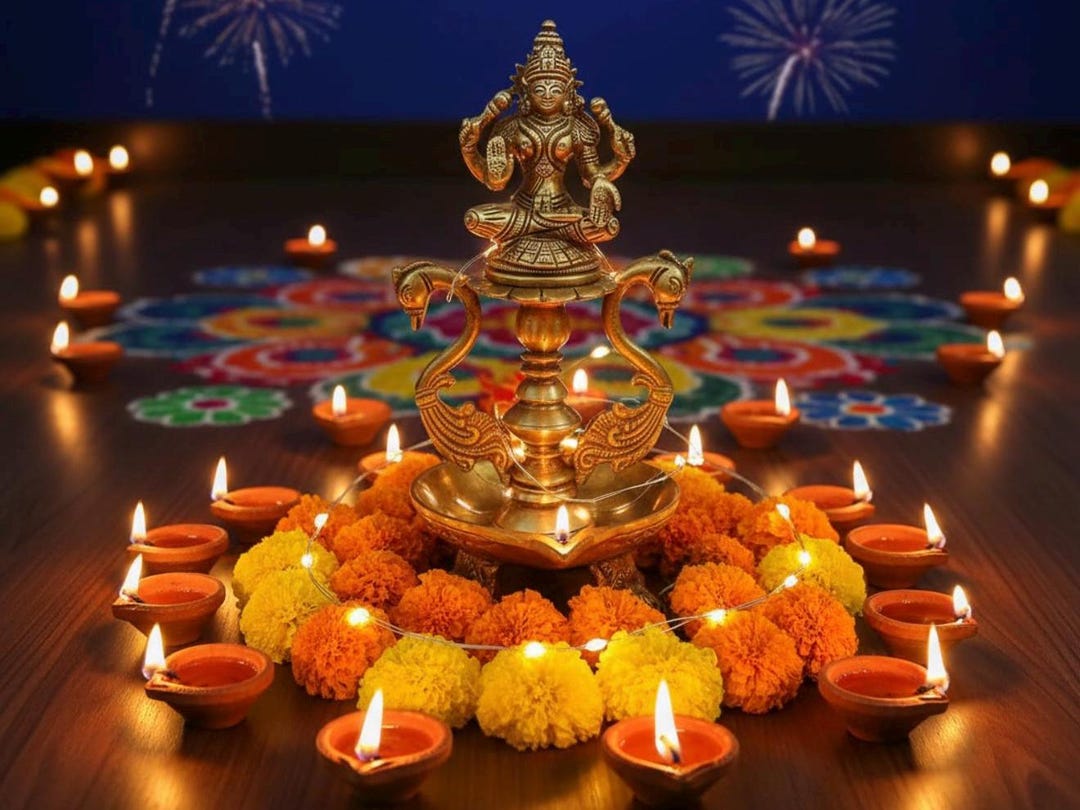 Brass Lakshmi Brass Deepam Stand Handmade Indian Puja Diwali Decoration ...