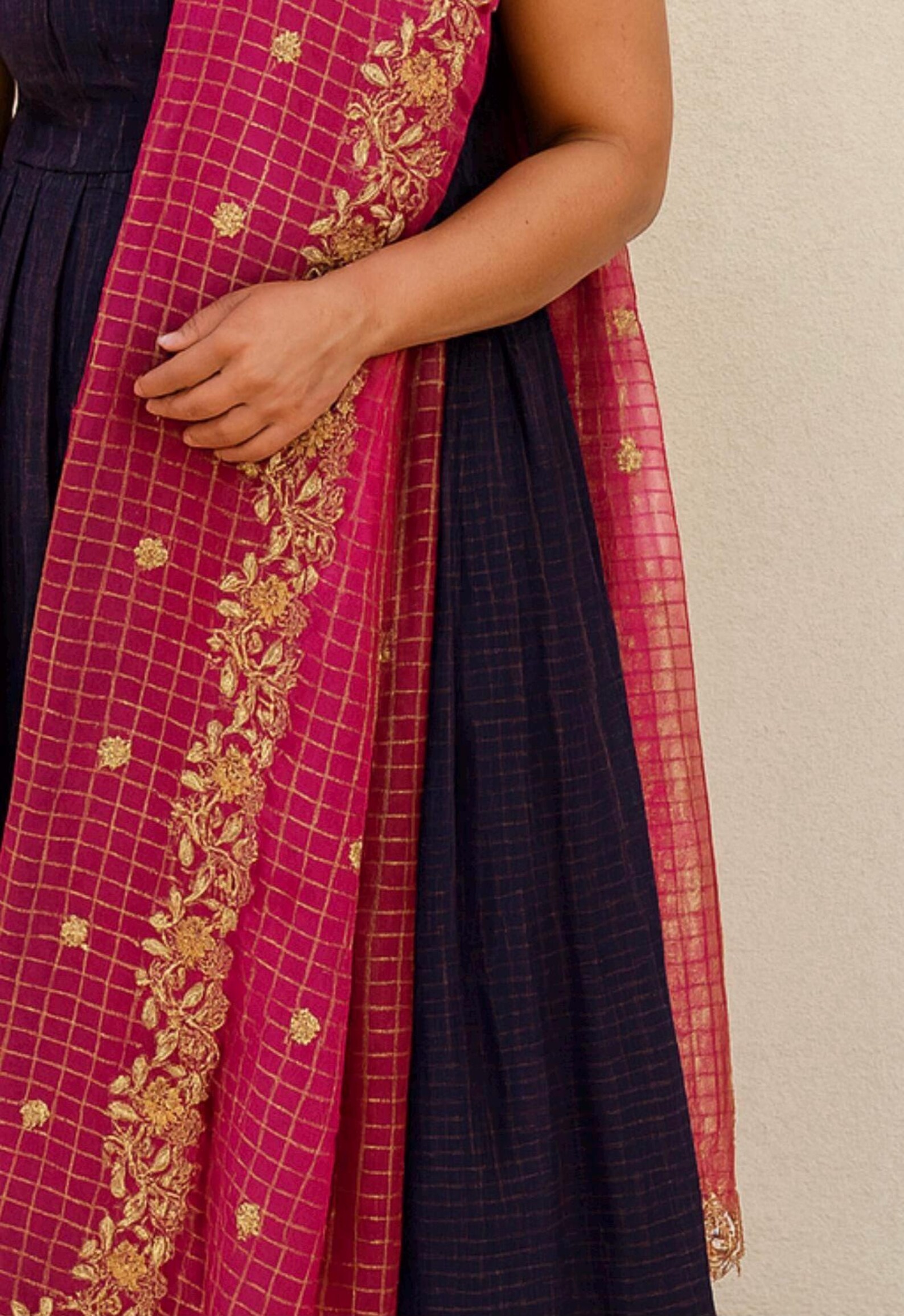 Rani Pink Cut Work Dupatta: Gold Cutwork Embroidery, Festive Outfit ...