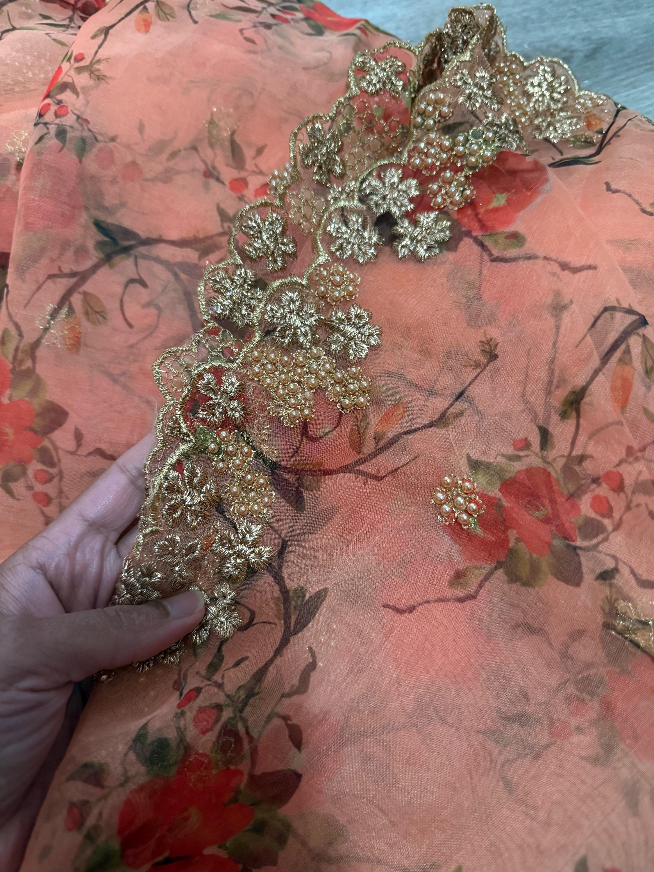 Orange Bridal Floral Organza Stole: Golden Embroidery, Festive Stole ...