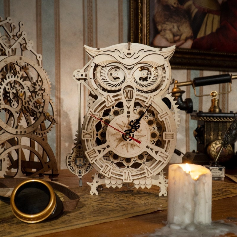 Creative DIY 3D Owl Clock Wooden Model Building Block Kits Assembly Toy ...