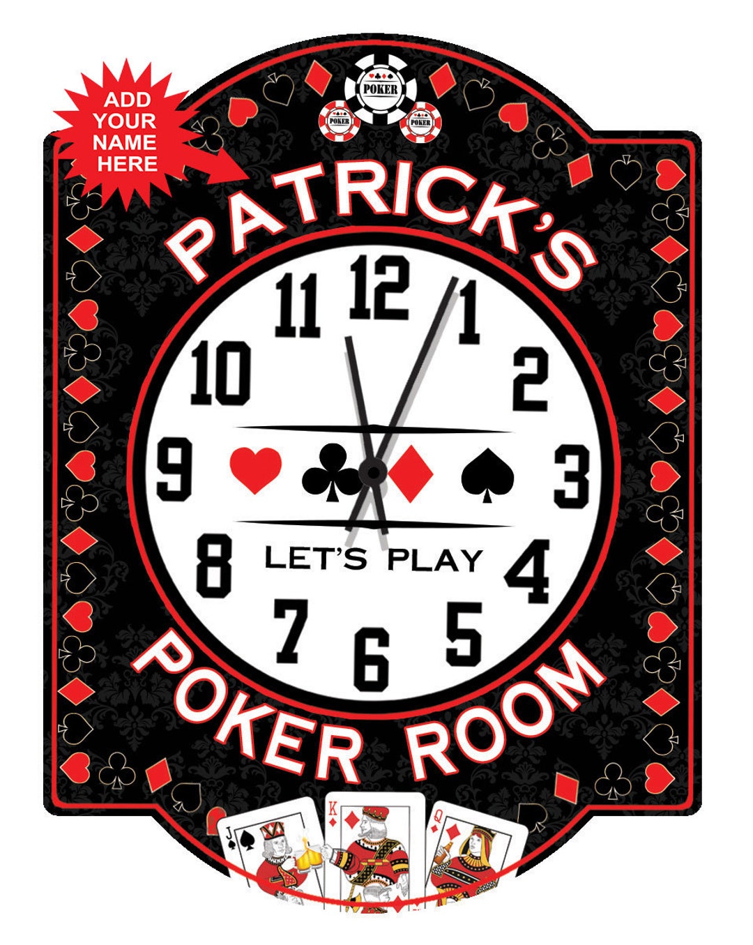 Personalized Poker Room Clock, Game Room Decor (15 1/4