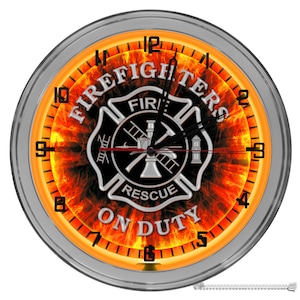 Firefighters on Duty 16 in Neon Clock, Fire Station Clocks, Fire ...