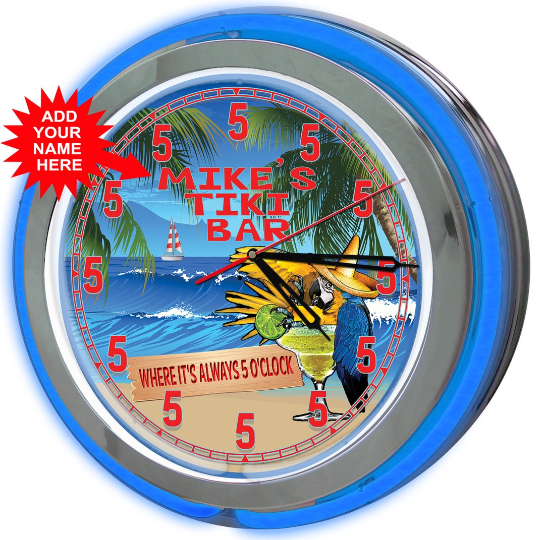 Parrot Tropical Beach Tiki Bar 19" Neon Sign Clock, Always 5 O'clock ...
