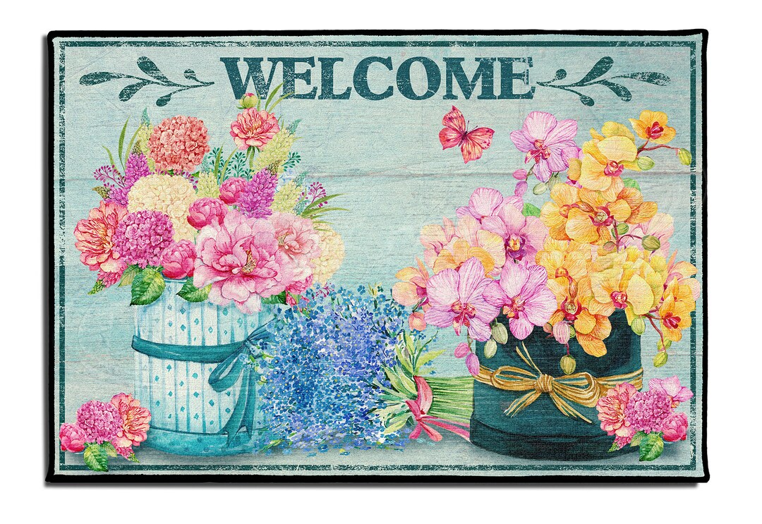 Floral Garden Front Porch Mat, Colorful Flowers Welcome Mat, House ...