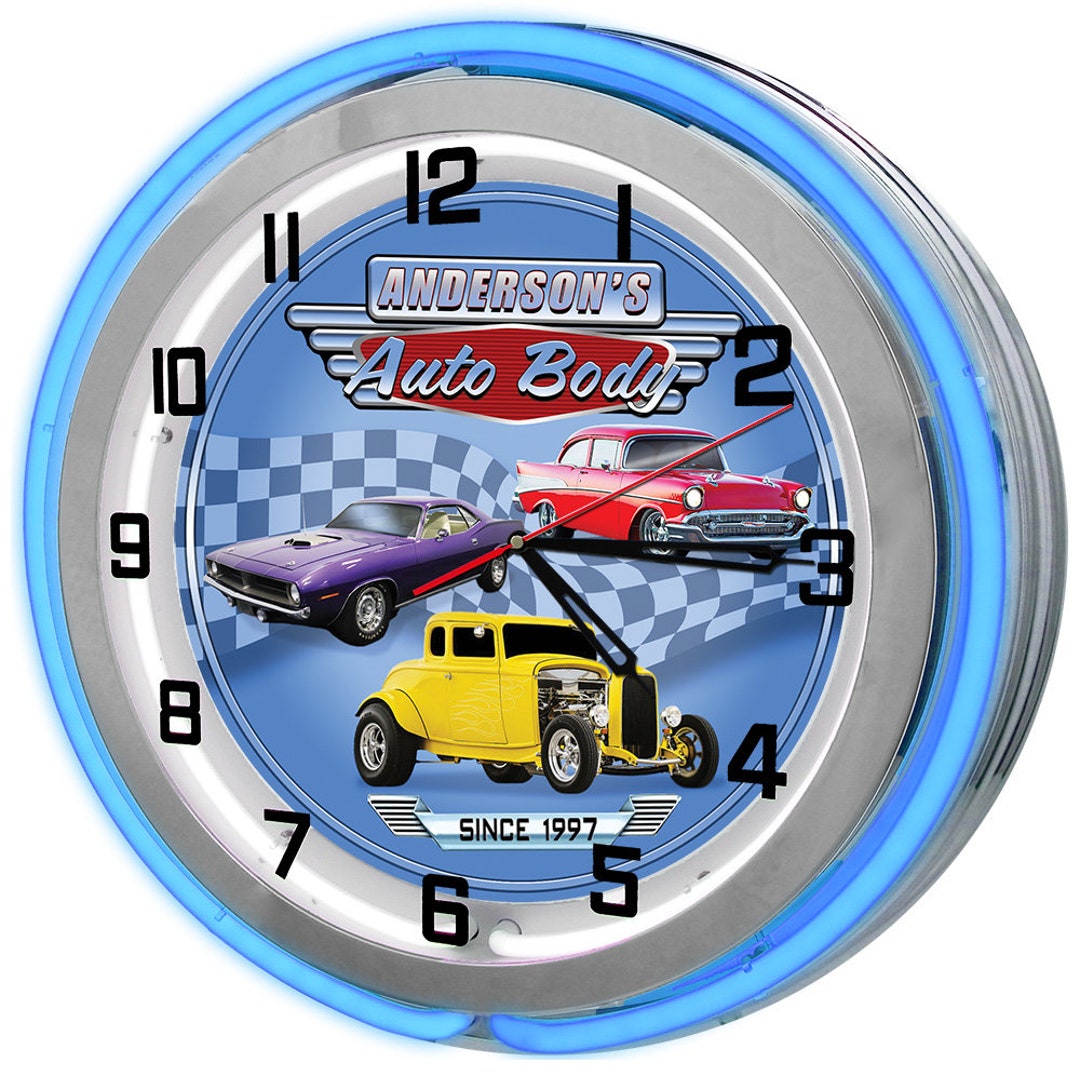 Custom Auto Body Shop Neon Garage Clock - 19" Double Neon - Etsy