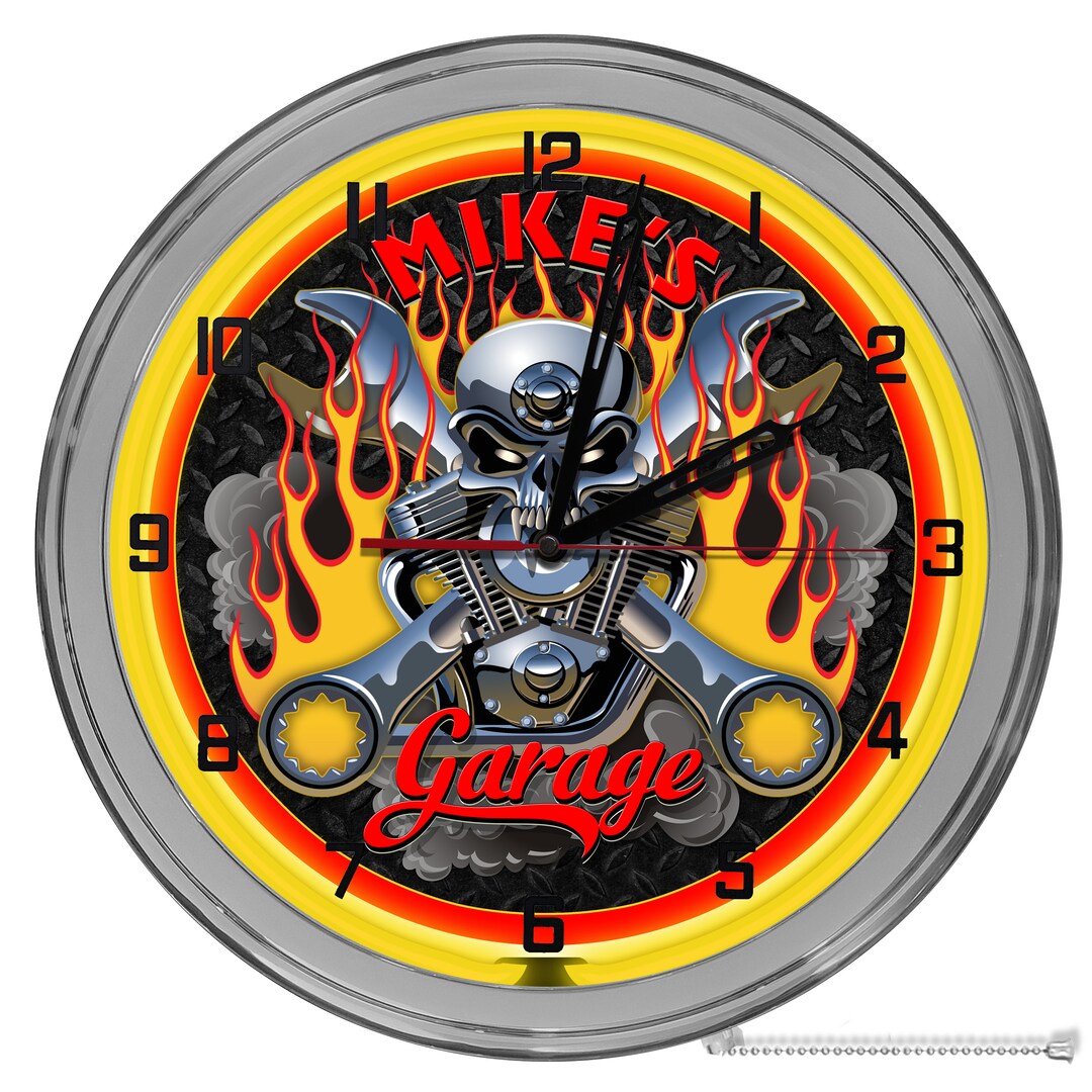 Custom Biker Garage Neon Clock: Skull Motorcycle Light-up Wall Decor ...