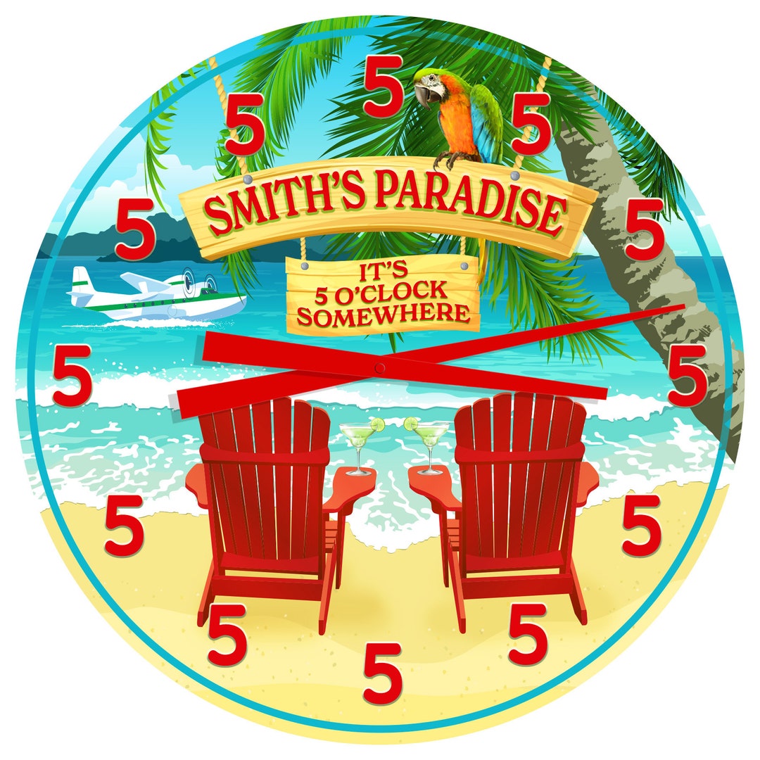 Margarita Bar Wall Clock Personalized, Always 5 O'clock Tropical Beach ...