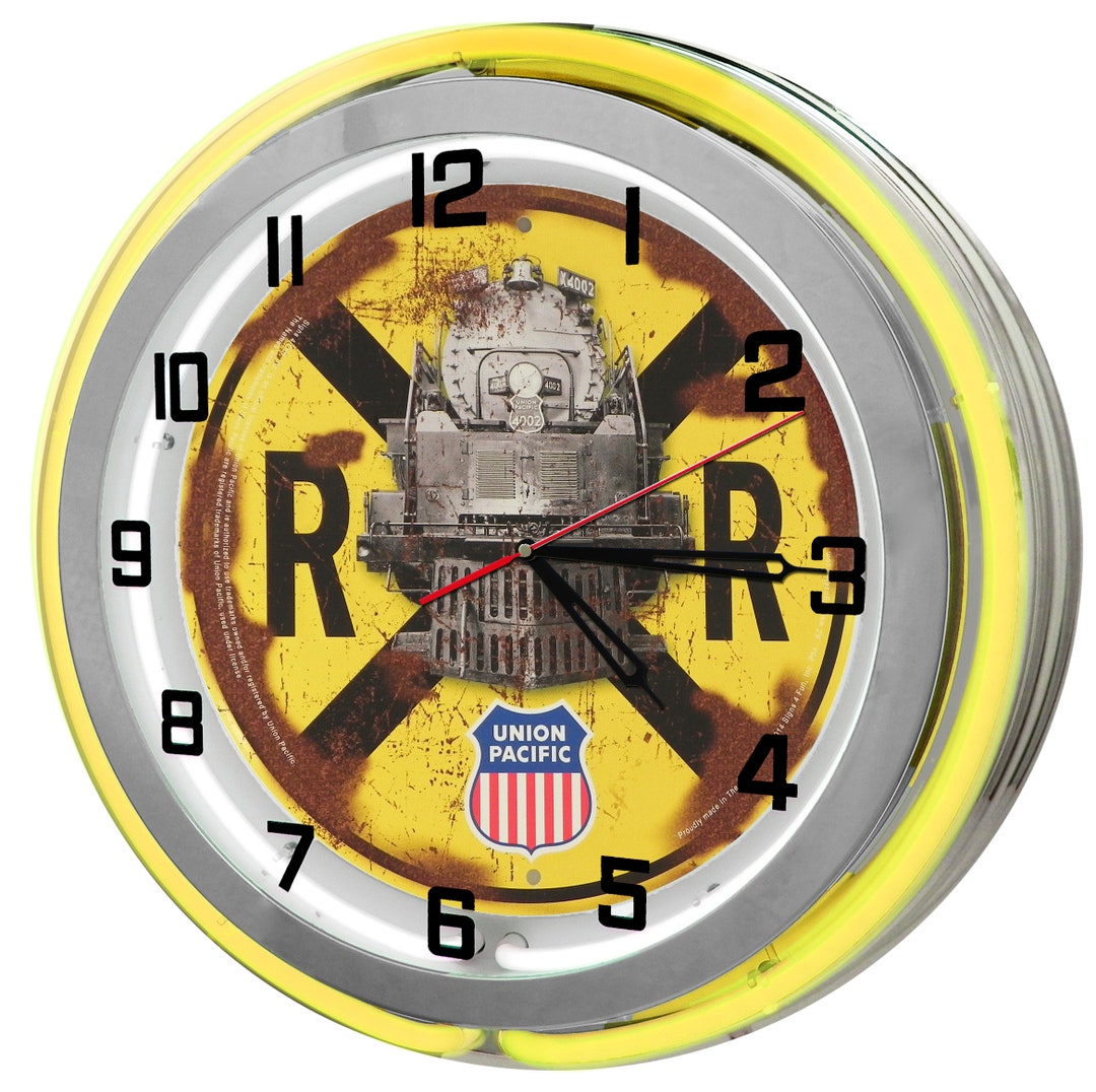 Union Pacific 19 Yellow Neon Garage Clock, Railroad Themed Neon Clock ...