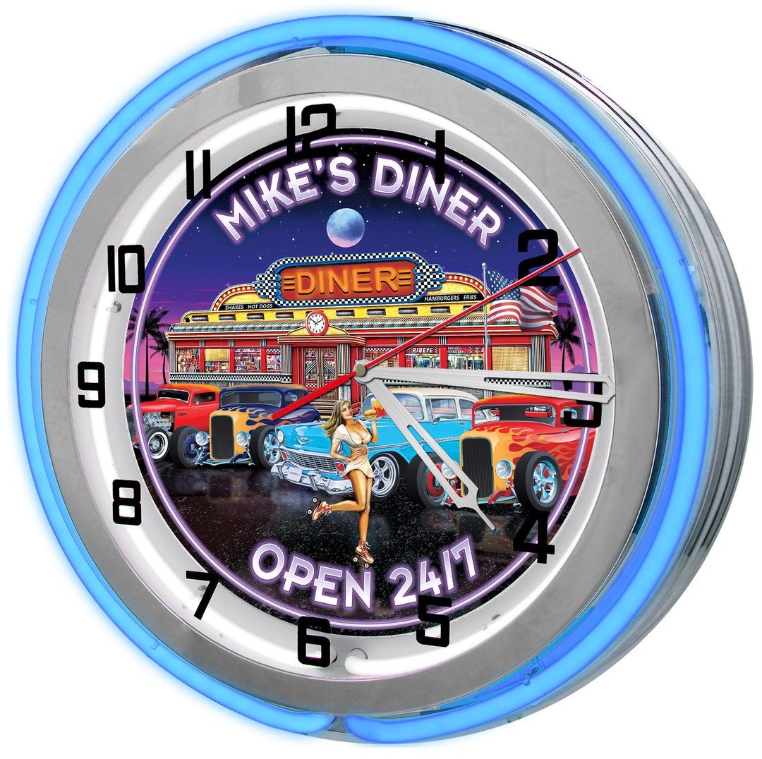 Vintage 1950's Hot Rod Diner Neon Clock, Custom Drive in 19" Double ...