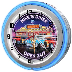 Vintage 1950's Hot Rod Diner Neon Clock, Custom Drive in 19" Double ...