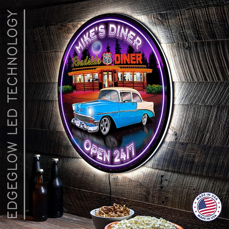 Custom Hot Rod Diner LED Sign: 50's Style Backlit Americana Decor - Etsy